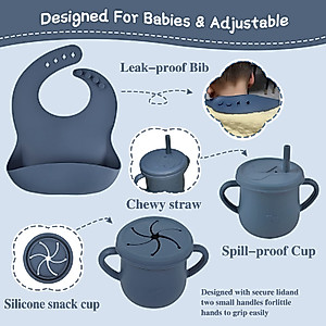 Silicone Baby Feeding Set,11Pack Toddlers Weaning Feeding Sippy Cup with Straw and Lid,Baby Bibs,Squirrel Plate Bowl With Suction,Baby Feeding Supplies Set (Squirrel-Deep Blue)
