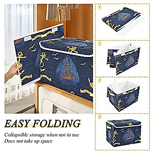 innewgogo Golden Anchor Sailing Ship Storage Bins with Lids for Organizing Cube Cubby with Handles Oxford Cloth Storage Cube Box for Car