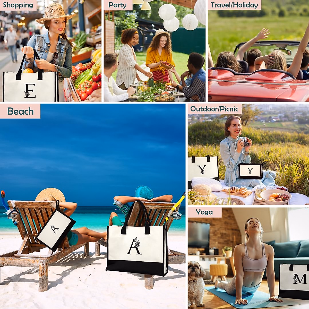 AUNOOL Grandma Birthday Gifts - Sister Christmas Gifts, Canvas Tote Bags with Makeup Bag and Zipper, Monogrammed Customized Gifts, Bridal Party Gifts for Bridesmaids Proposal Gifts Letter V