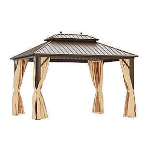 GAZEBEST 10' X 12' Permanent Hardtop Gazebo, Outdoor Galvanized Steel Double Roof Pavilion Pergola Canopy with Aluminum Frame and Privacy Curtains for Garden Patio,Patio Backyard,Deck and Lawns