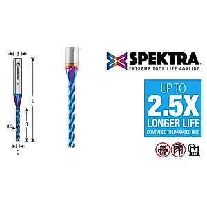 Amana Tool 46587-K CNC Spektra Extreme Tool Life Coated Spiral 2D/3D Carving 0.10 Deg Straight Angle Flat Bottom x 1/4 D x 3/4 CH x 1/4 SHK x 2 Inch Long x 2 Flute SC Up-Cut Router Bit