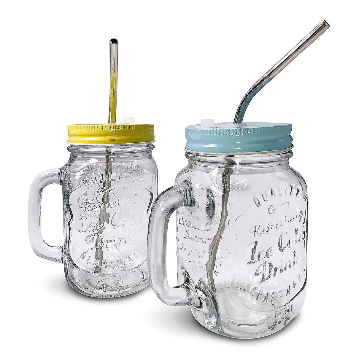Home Suave mason jars 16 oz with lids, handle & 2 Reusable Stainless Steel Straws, Regular Mouth, Set of 2 (Light Blue & Yellow). Glass cup with lid and straw. Iced coffee cups with lids.