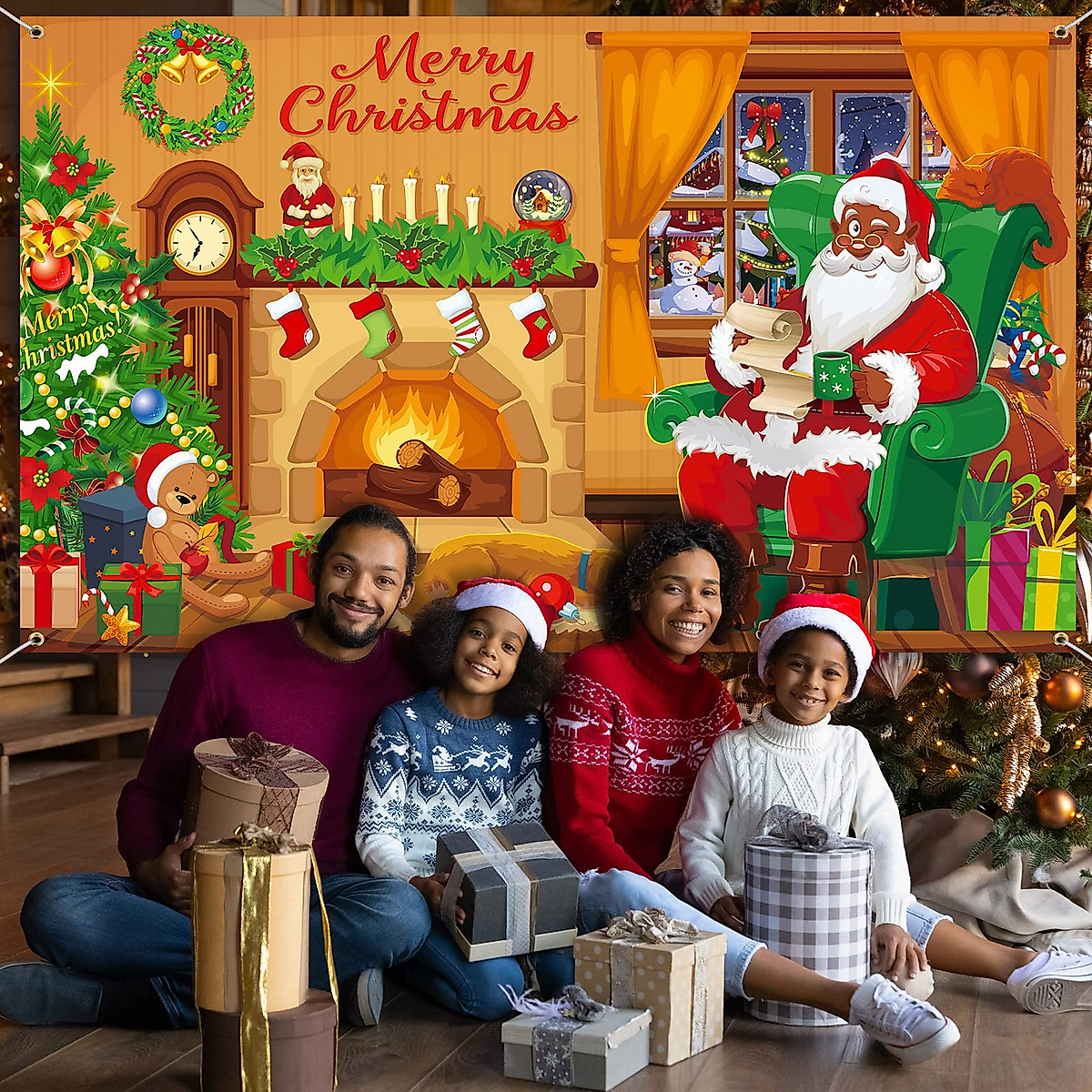 Tiamon Merry Christmas Backdrop Xmas Black Santa Claus Background Decoration for Photography Fireplace Wall Hanging Banner Photo Booth Prop for Winter Home New Year Holiday Party Favor Supplies