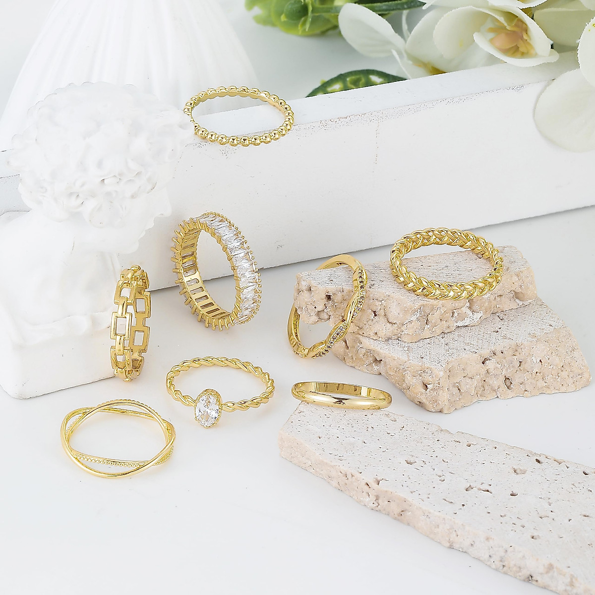 PNYFIL 8Pcs Emerald Cut Eternity Stackable 14K Gold Rings for Women - Baguette Ring, Dainty Rings for Women, Non-Tarnish Gold Rings, Stackable Rings for Women & Fashion Rings Set