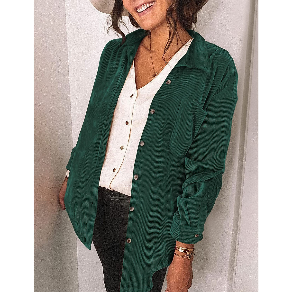 Saslax Womens Corduroy Shirt Long Sleeve Oversized Button Up V Neck Blouses Tops Loose Shacket Jacket with Pockets Green M