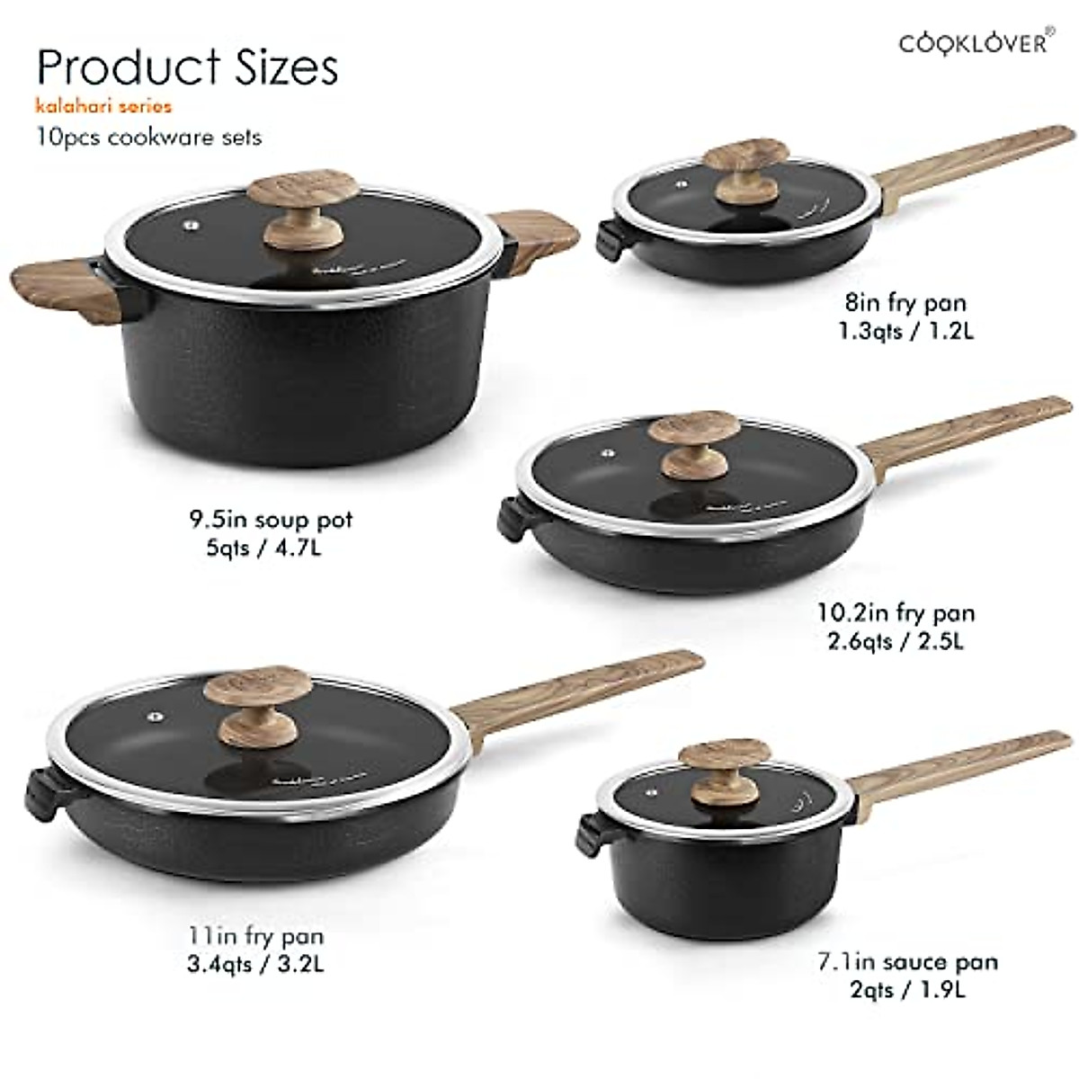 Nonstick Cookware Set Non Toxic 100% PFOA Free Compatible Induction Pots and Pans Sets with Glass Lids (Pack-Kc-10, Black)