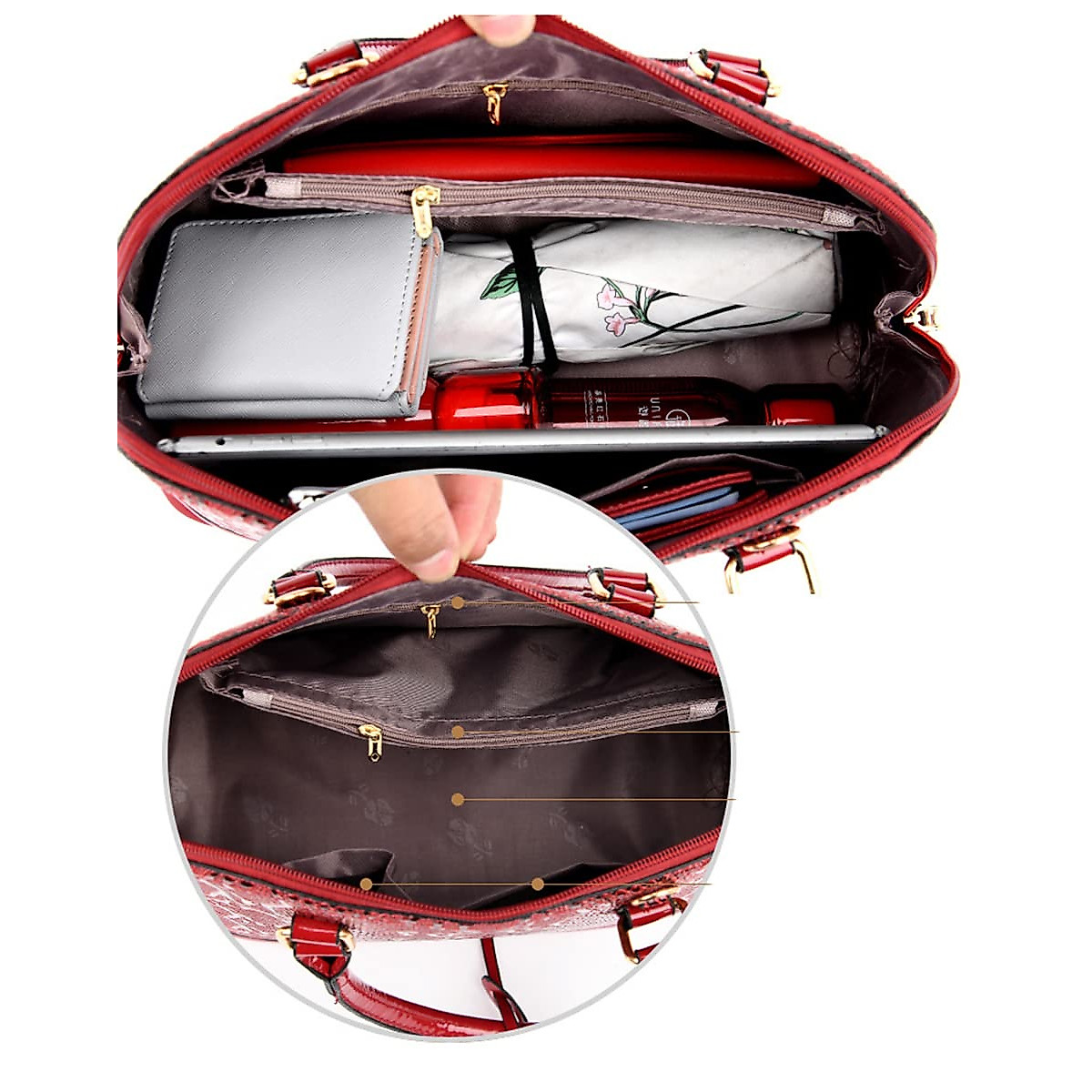 Women's Patent Leather Handbags Shiny Top-Handle Purse Flame Pattern Shoulder Bag (Black)