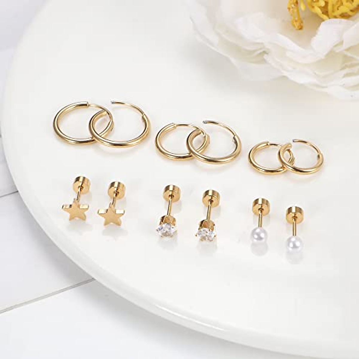 Florideco Small Tiny Stud Earrings for Women Men Hypoallergenic Flat Back Earrings 14K Gold Plated Surgical Stainless Steel Earrings Sets Screw Back Cartilage Earrings