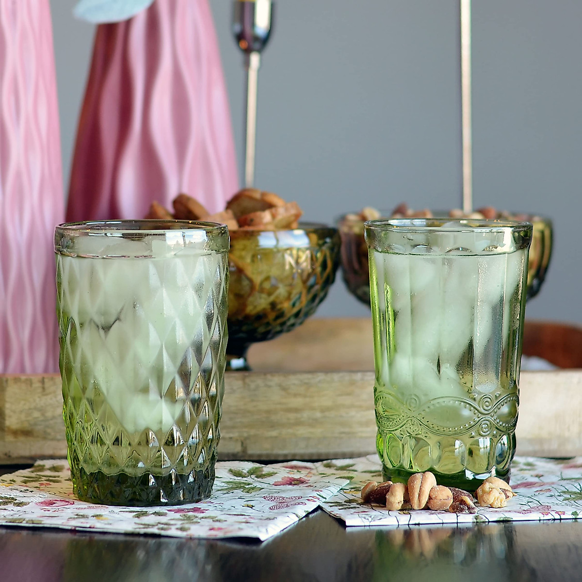 WHW Whole House Worlds Baroque Highball Tumbler Glasses, Set of 6, Translucent Green, Glass, Weighted, 12 Fluid ounces/ 300 ml, 5 Inches Tall, Faceted and Beaded Arabesque Patterns