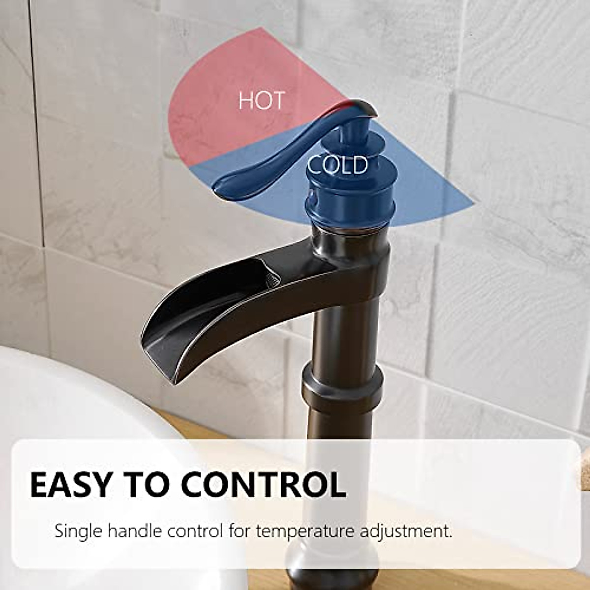 BATHLAVISH Bathroom Vessel Sink Faucet Oil Rubbed Bronze Black Farmhouse Waterfall Single Hole Tall with Pop Up Drain Assembly Without Overflow One Hole Mixer Tap Deck Mount Commercial