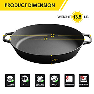 EDGING CASTING Pre-Seasoned Large Cast Iron Skillet 17 Inch, Dual Handle Outdoor Camping Frying Pan, Pizza Pan, Use for Grill, Stovetop, Induction, Oven Safe Cookware