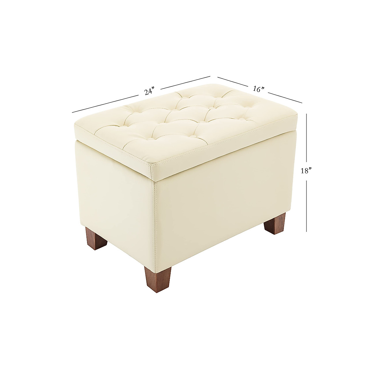 Wovenbyrd Classic 24-Inch Wide Rectangular Tufted Storage Ottoman Footstool with Hinged Lid, Cream Faux Leather