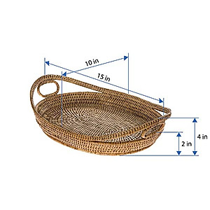 KOUBOO La Jolla Oval Rattan Tray with Looped Handles, Honey Brown, Small