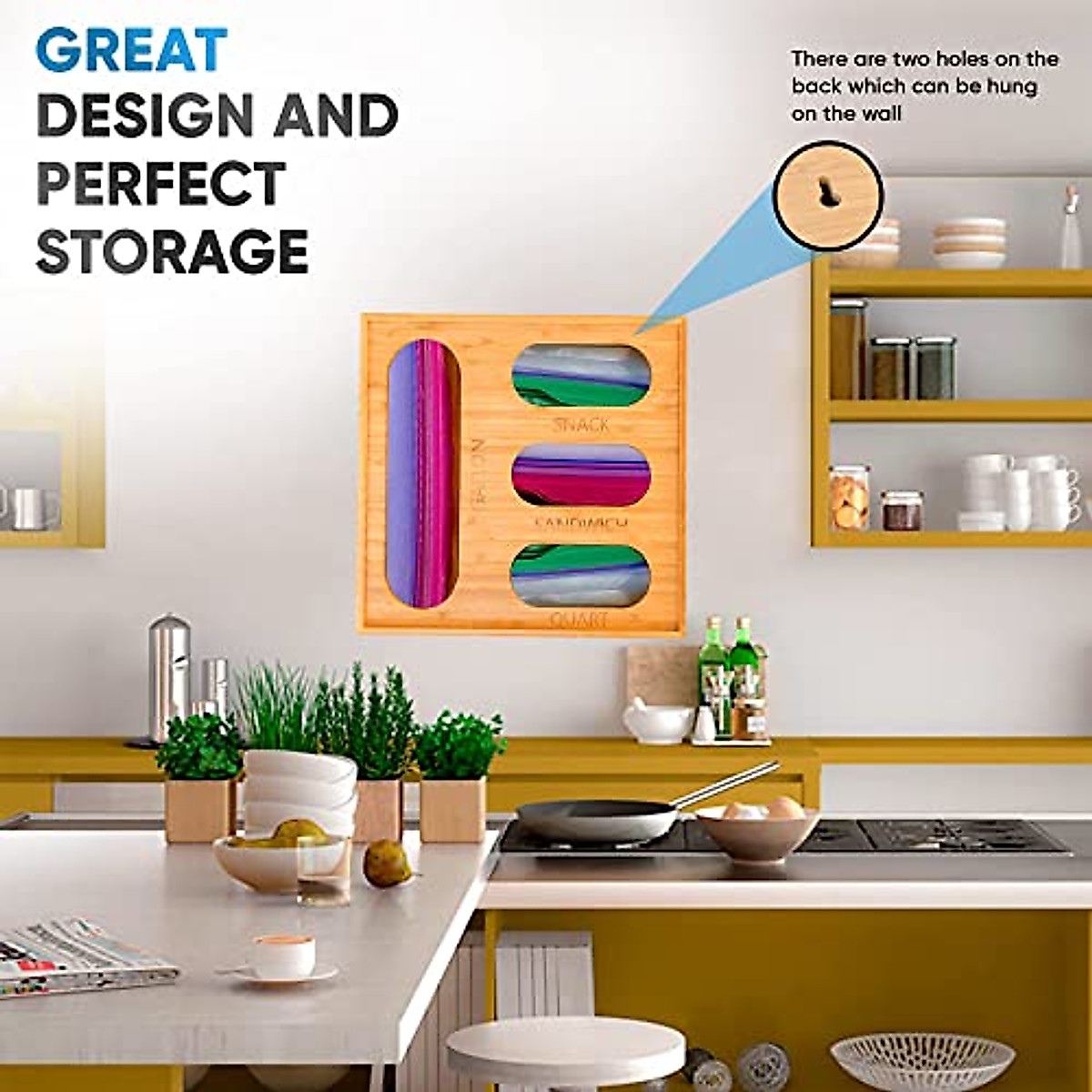 Bamboo Ziplock Bag Storage Organizer for Kitchen Drawer And wall mounted, Openable Bamboo Ziplock Baggie Holder With Easy To Slide Out Cover, 13" L 12" W 3" H