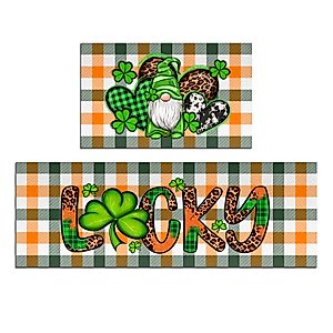 HOLVDENG St. Patrick's Day Gnome Kitchen Mat Set of 2 Non Slip Thick Kitchen Rugs and Mats for Floor Comfort Standing Mats for Kitchen, Sink, Office, 17"x47"+17"x28"