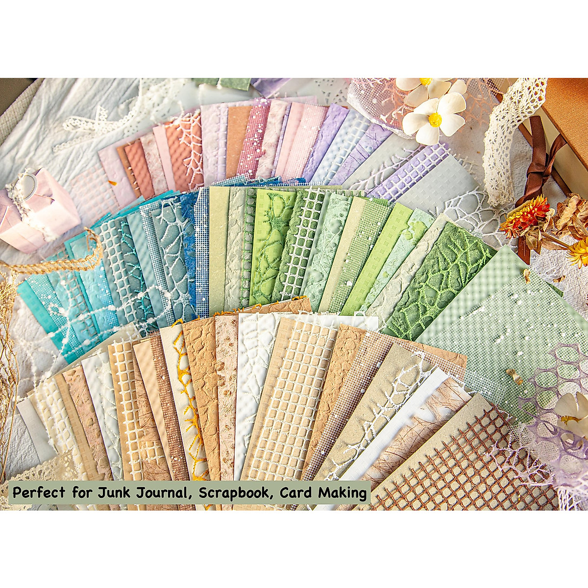 96 Sheets Textured Scrapbook Paper and Mesh Fabric Assorted Set - 6 Pack Mixed Special Paper for Scrapbooking Planner Bullet Junk Journal Supplies Mixed Media Collage Card Embellishments 3.9x5.5 Inch