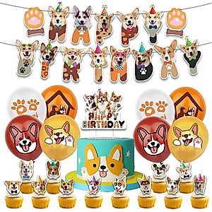 Corgi Party Decorations Backdrop Banner Photography Background Cute Corgi Theme Banner Balloons Cake Toppers Cupcake Toppers Pet Party Kit For Corgi Dog Birthday Party Supplies Decor
