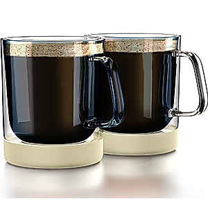 Zovoko Double Wall Insulated Glass Coffee Mugs (Large - 16 oz - Set of 2) - Removable Non-Slip Silicone Coaster - Microwave/Dishwasher Safe - 100% Borosilicate Glass