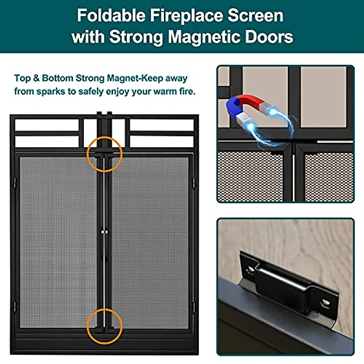 AMAGABELI GARDEN & HOME 3 Panel Folding Fireplace Screen with Doors Large Flat Guard Tools Outdoor Metal Decorative Mesh Solid Wrought Iron Fire Place Wood Burning Stove Accessories Black