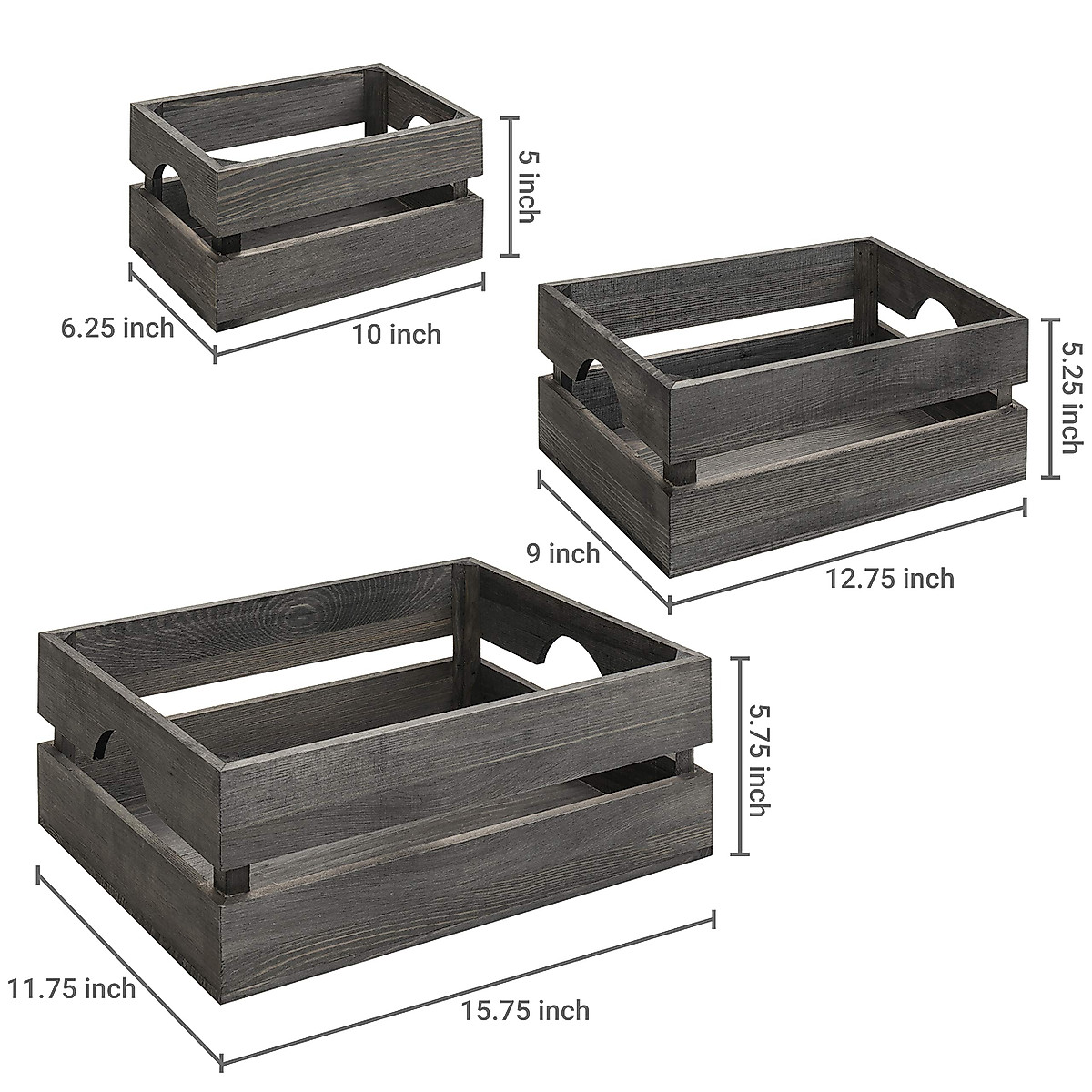 MyGift Rustic Gray Solid Wood Storage Organizer Box with Handle, 3 Piece Various Size Decorative Nesting Crate