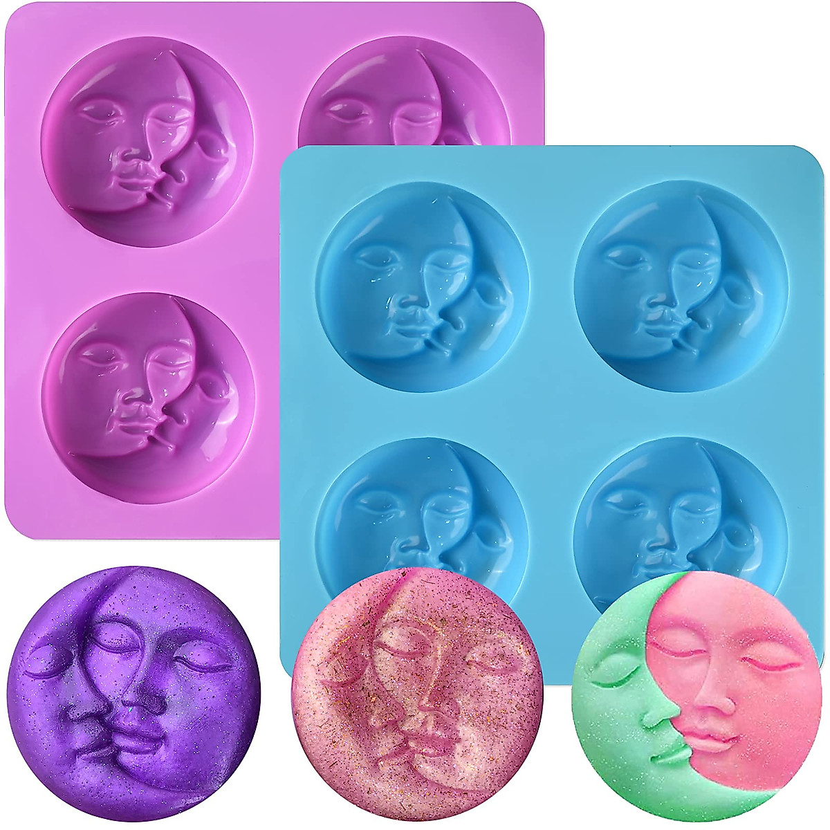 2 Pcs Silicone Soap Molds, Sun & Moon Face Soap Molds for Soap Making, Bath Bomb Molds for Bath Bomb, Chocolate, Candle, Valentine Wedding Gift