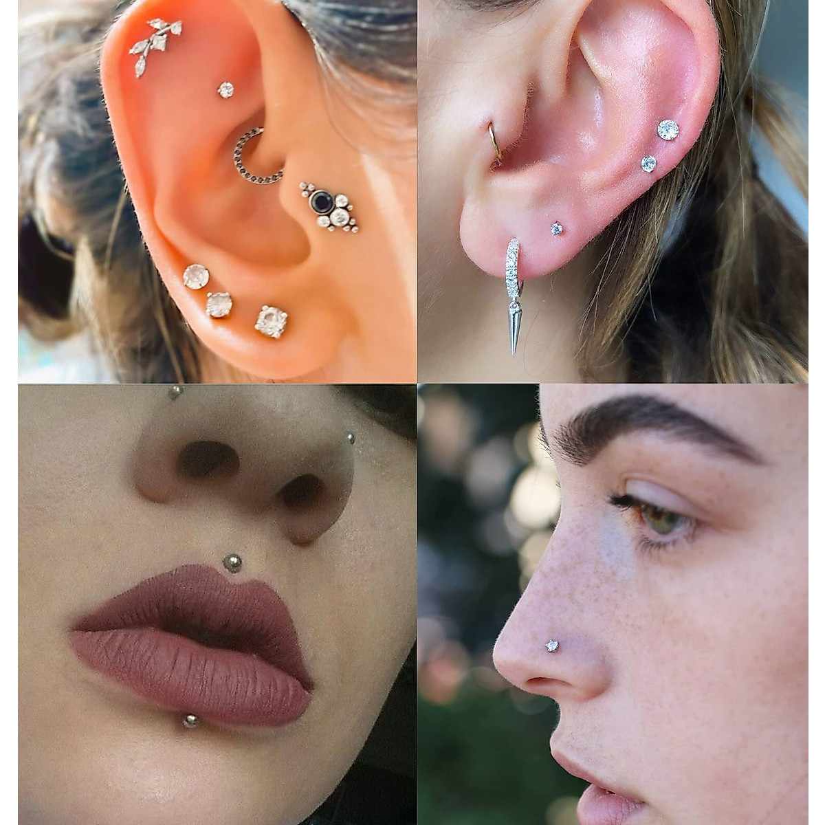 LOAYHOAY 16PCS 18G Stainless Steel Threadless Push in Nose Stud Ring for Women Men Lip Ring CZ Flower Heart Cartilage Helix Earring Piercing Set 18G