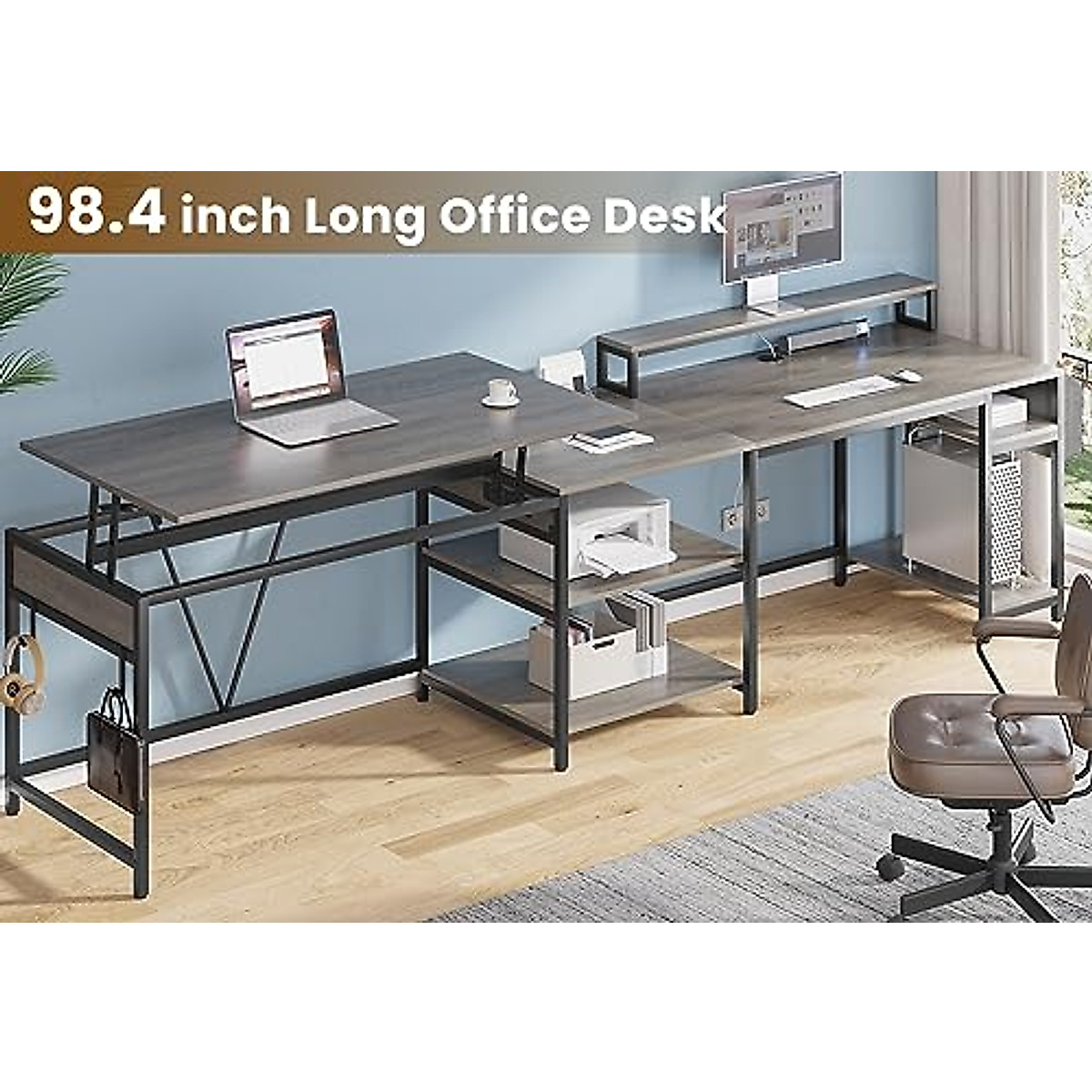 SEDETA L Shaped Desk with Lift Top, 98.4" Computer Desk, Standing Desk Adjustable Height with Storage Shelves, Monitor Stand, and Headphone Hooks for Home Office, Ivory Grey