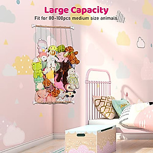 Jtskfcl Stuffed Animal Storage Hammock Hanging Toy Organizer with Canvas Base, Wood Country Style Large Corner Plush Toys Holder for Nursery Play Room Bedroom Kid’s Room White