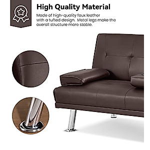 AWQM Faux Leather Futon Sofa Bed Upholstered Modern Convertible Sofa Bed Small Couch Bed Adjustable Couch Sleeper for Compact Living Space, Removable Armrests, Metal Legs, 2 Cupholders, Light Brown