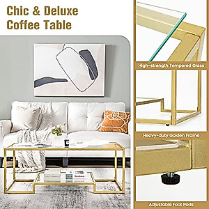Tangkula Rectangular Glass Coffee Table, 45in Wide Modern Tempered Glass Center Table with Golden Steel Frame, 2 Tier Accent Table Home Furniture Décor for Tea Living Room Office (Gold, 45'' Wide)