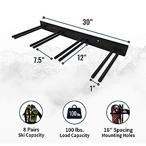 StoreYourBoard Ski Wall Storage Rack, Holds 8 Pairs, Steel Home and Garage Skis Mount