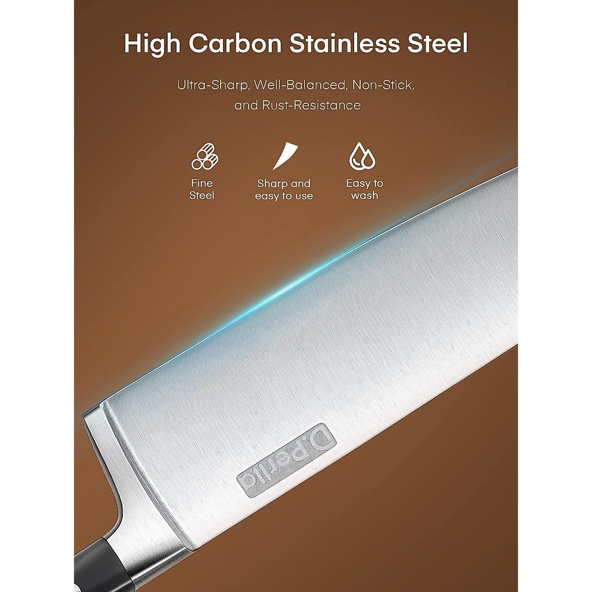 Knife Set, D.Perlla 6 Pieces Small Kitchen Knife Set with Block, German Stainless Steel Knives Set, Sharp Chef Knife Block Set, Brown