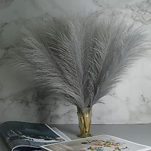 Faux Pampas Grass 6 Stems Small Artificial Pampas Grass 18'' No-Shedding Short Fake Pampas Grass Pompass Fluffy Plants Boho Decor for Centrepiece Living Room Home Office Wedding, No Vase (Grey)