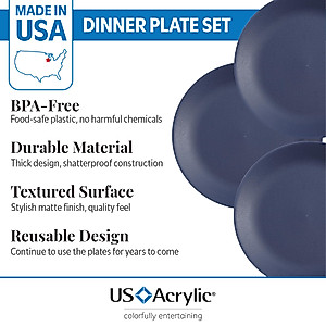 US Acrylic Everest Ultra-Durable Plastic 10 inch Dinner Plates in Midnight Blue | Set of 6 Reusable, BPA-Free, Made in the USA, Dishwasher Safe Dinnerware