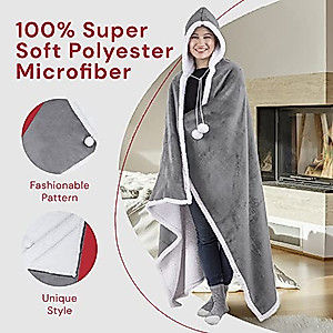 Premium Wearable Hooded Blanket for Adult Women and Men 71"x51" - Super Soft, Lightweight, Microplush, Cozy and Functional Throw Blanket (Silver)