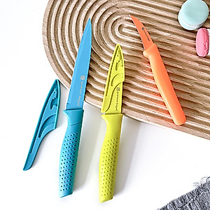 Gourmet Forged ColorSlice 3 PC Color-Coded Paring Knife Set. 5" Fruit Knife, 3.5" Paring, 3" Bird Beak Hook Peeler Curved Non Stick Dishwasher Safe Knives Sharp Stainless Steel Anti Rust