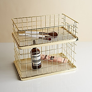 Set of 2 Stackable 10" Metal Wire Storage Basket Bins With Handles (Gold Woven Mesh Base)