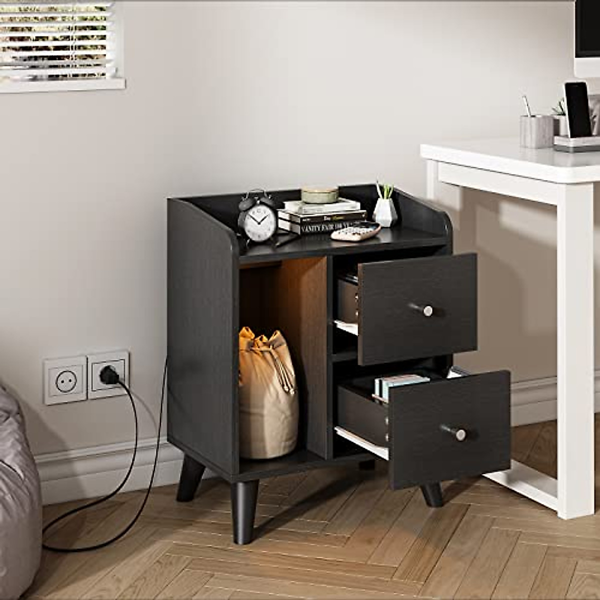 Saudism LED Nightstand with Wireless Charging Station, RGB Lights Night Stands for Bedroom, Smart Charging Bedside Table End Table with Two Drawers and Open Shelves (Black)