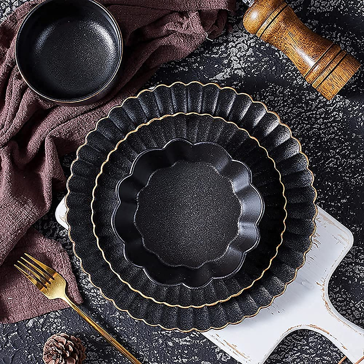 GagalU Dinner SetsKitchen Tableware Set,Ceramic Dinnerware Set, 15 Pcs Matte Black Retro Plates and Bowls Set- Irregular Edge Dinner Sets, Service for 4