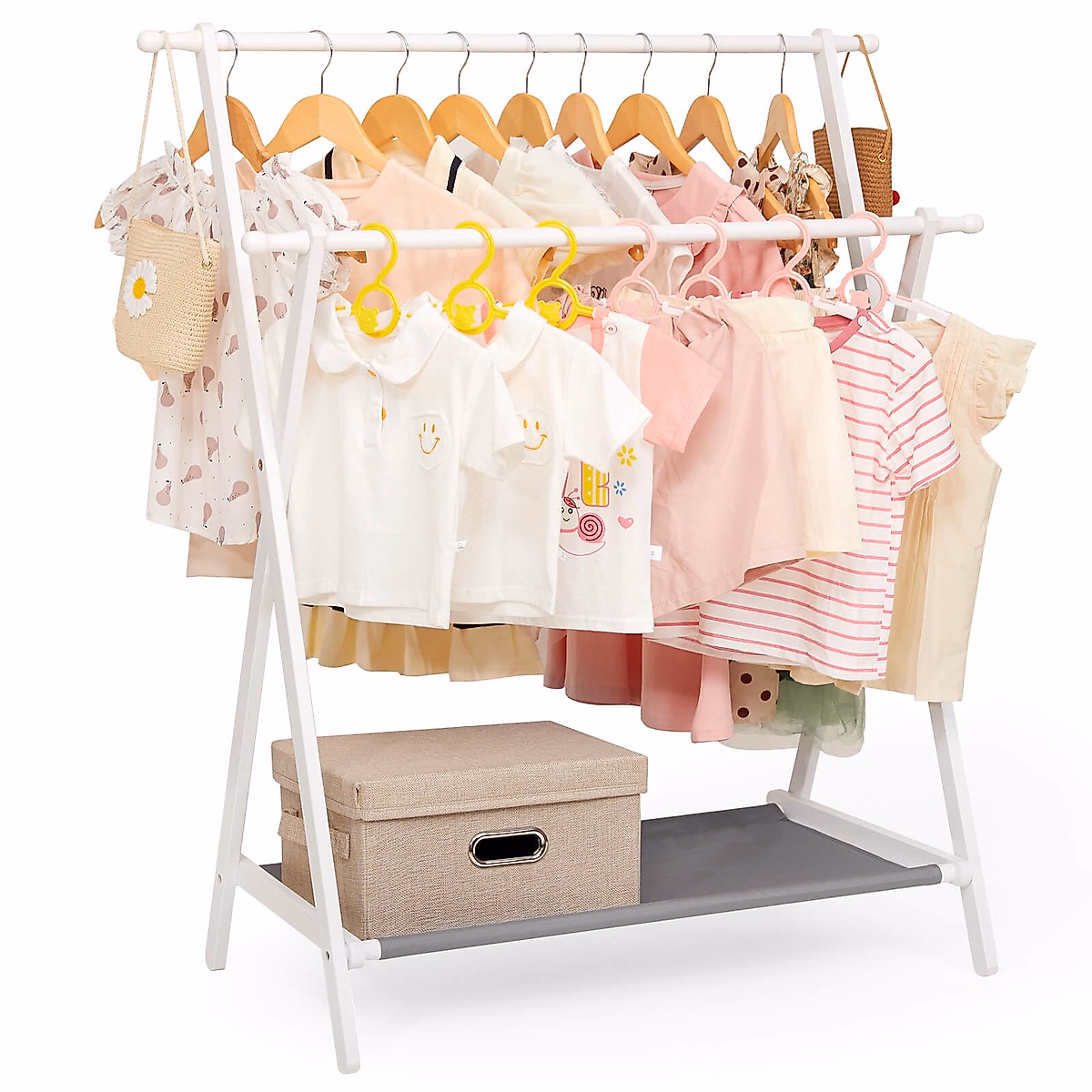 Cozivolife Kids Clothing Rack with 2 Hanging Rods and 4 Hooks, Kids Dress Up Rack with Bottom Storage Shelf, Child Garment Rack, Small and Foldable, Bamboo (White)