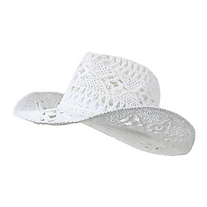 GEMVIE Men & Women's Summer Cowboy Cowgirl Straw Hat Hollow Out Style Roll Up Brim Cowboy Sun Hat White