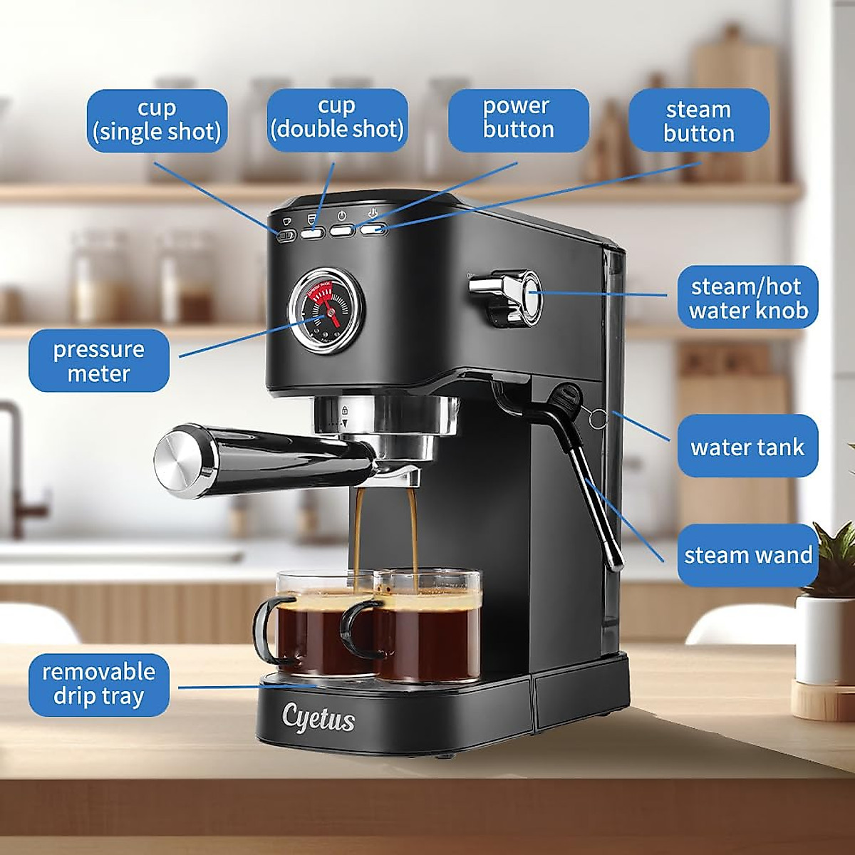 CYETUS Espresso Machine 20 Bar with Milk Frother Steam Wand, Compact Small Coffee Machine for Home, Pressure Gauge, Barista Espresso Maker Latte Cappuccino, Stainless Steel, Black