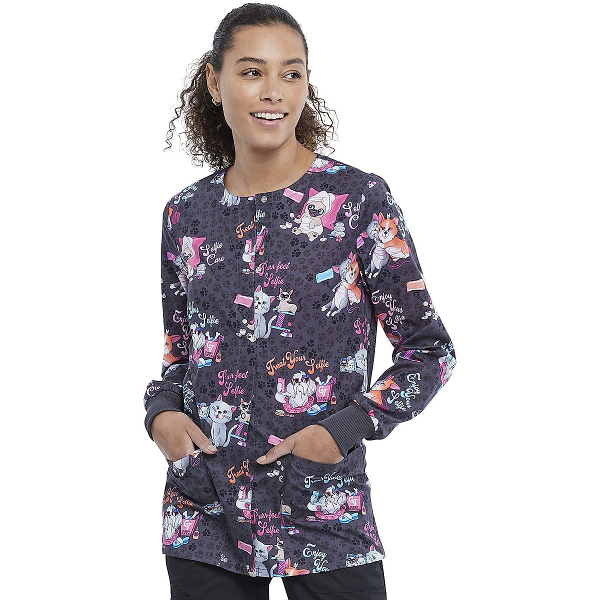 Cherokee Prints Women Warm Up Scrubs Jacket Snap Front CK301, XS, Selfie Care