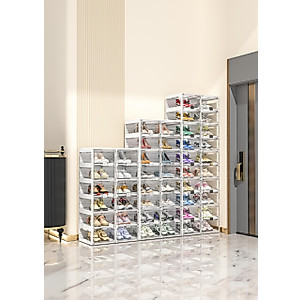 BINSIO Shoe Organizer, Portable Shoes Rack for Closet, Shoe Storage Boxes, Foldable Shoe Cabinet for Entryway, Easy Assemble Plastic Stackable Sneaker Bins with Magnetic Clear Doors, 8 Tiers 16 Pairs