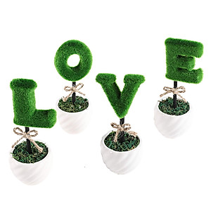 Liry Products Love Letters Decoration White Ceramic Pots Artificial Plants Topiary Set of 4 Faux Bush Planters Tabletop Hedge Sculptures Valentine’s Day Wedding Party Home Office Garden Rustic Modern