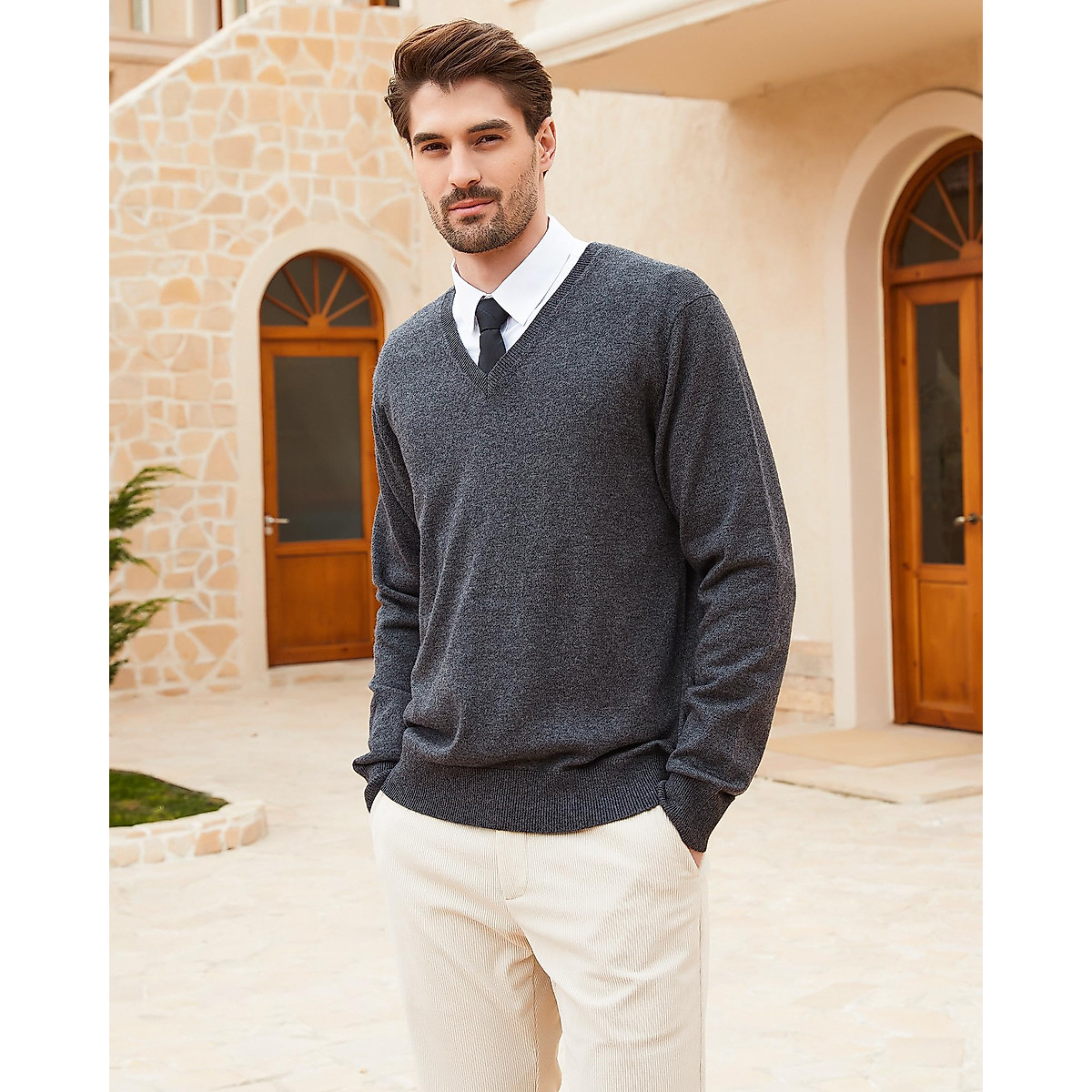 Kallspin Men's Wool Blend V-Neck Sweater Relax Fit Knit Pullover (Charcoal, X-Large)