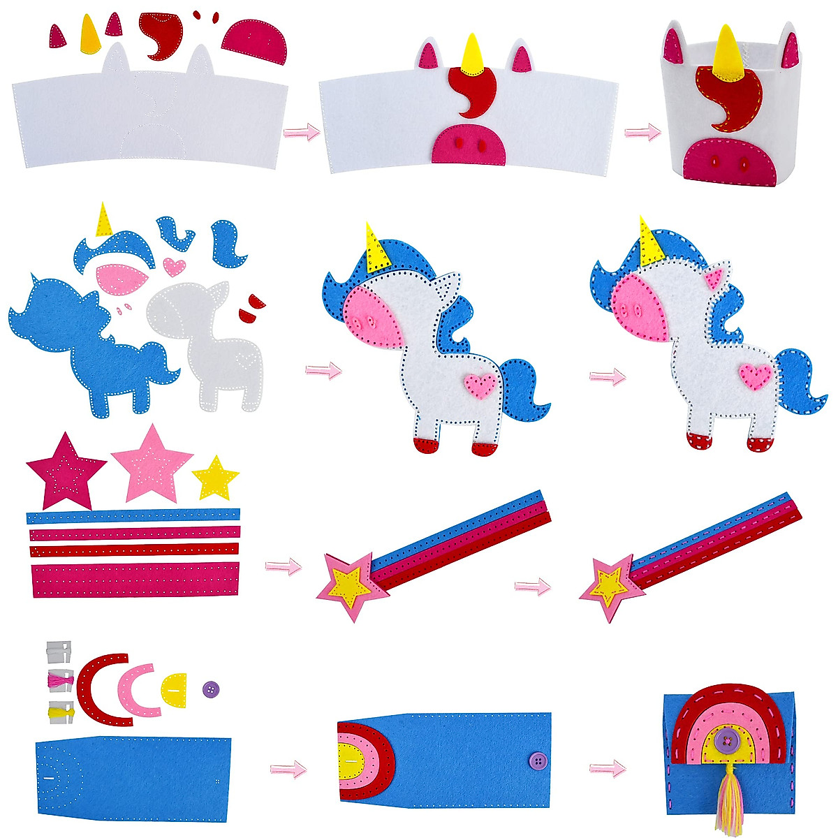 Klever Kits Unicorn Gifts Girls DIY Craft Kit Including 1 Large String Art Board, 1 Unicorn Flower Headband, 3 Unicorn Glitter Slime and Unicorn Sewing Kits, Art & Crafts Project Kit for Kids Girls