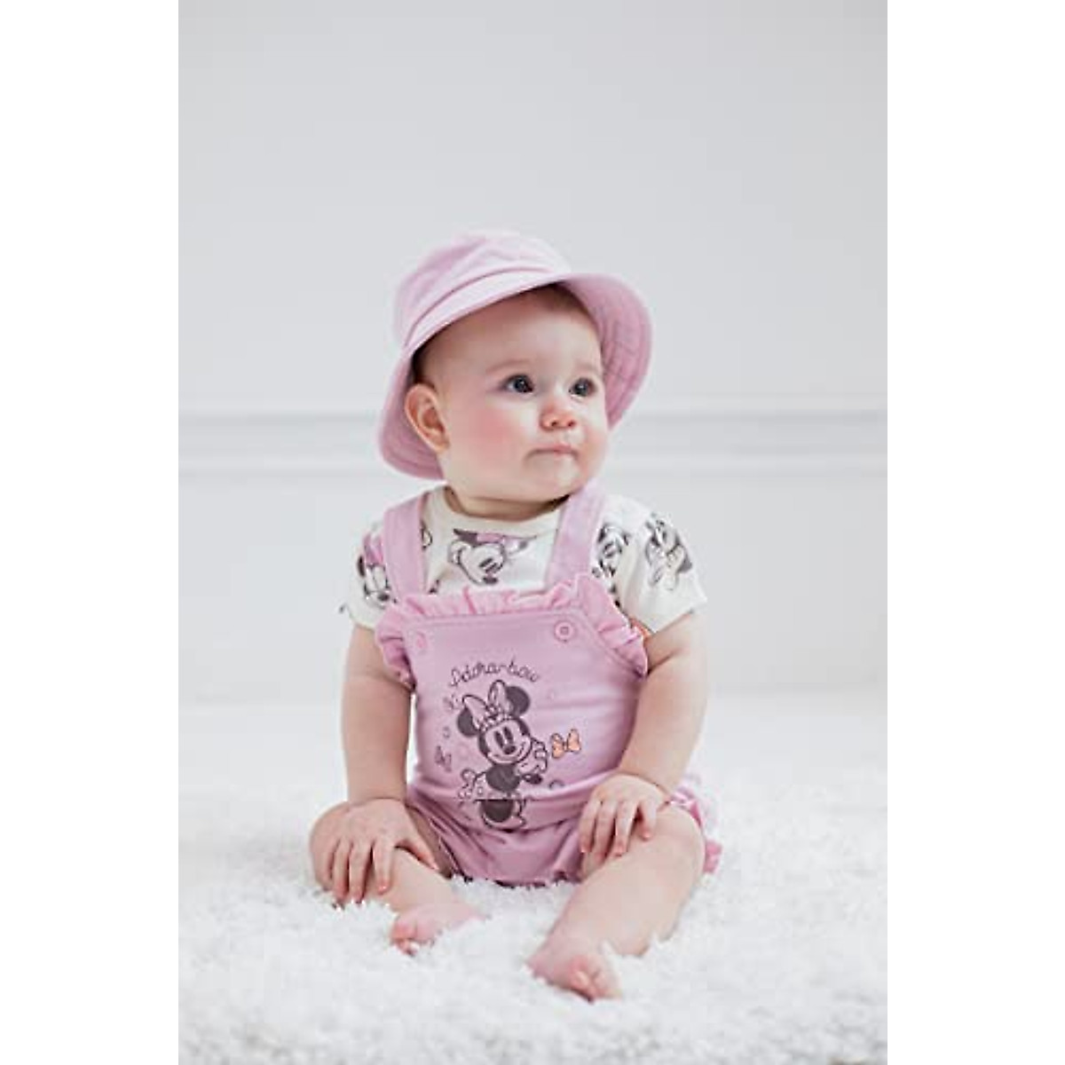 Disney Minnie Mouse Infant Baby Girls French Terry Short Overalls T-Shirt and Hat 3 Piece Outfit Set Pink 18 Months