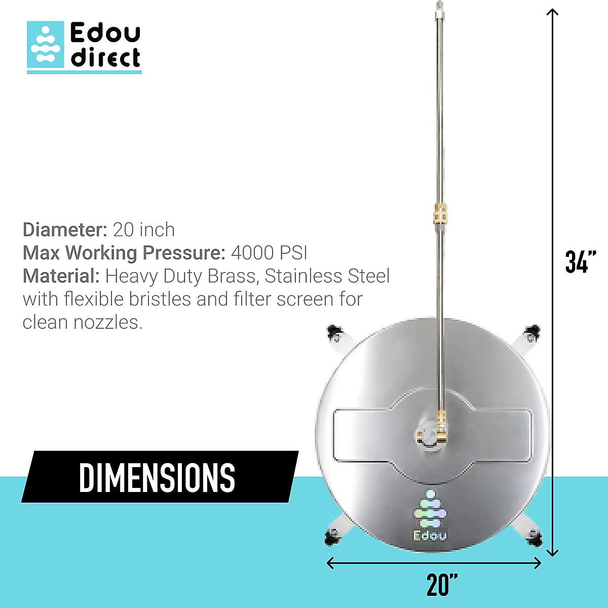 EDOU Direct Pressure Washer Surface Cleaner 20" with Wheels | Stainless Steel | Heavy Duty | 4,000 PSI Max Working Pressure | Includes: 2 Pressure Washer Extension Wand Attachments