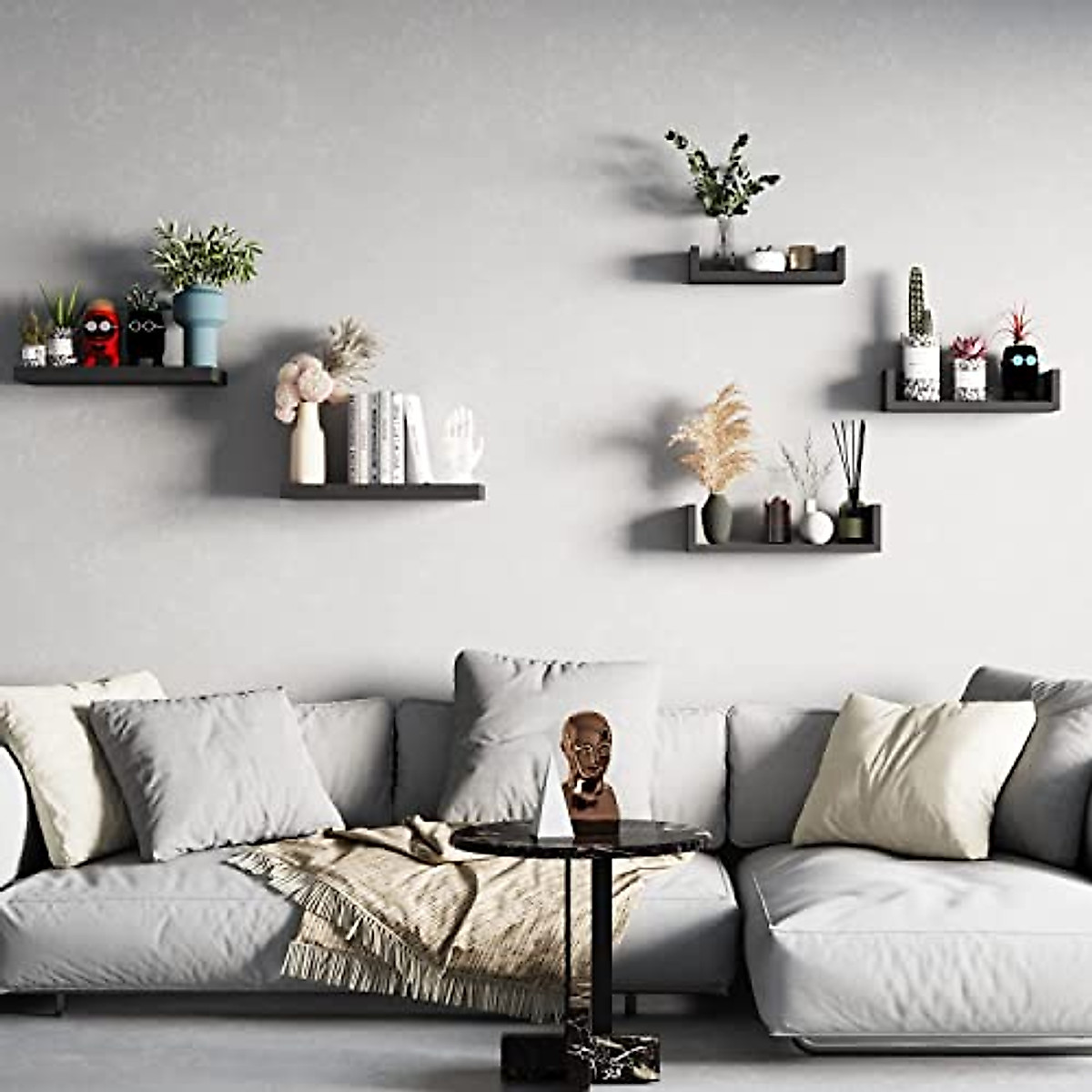 Bundled Black Floating Shelves of GREENDEW Wall Shelves Invisible Mounted (Set of 2) and U-Shaped Decor Shelves (Set of 3) for Living Room, Bedroom, Bathroom, Kitchen, Office Storage